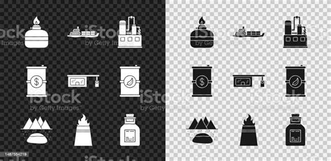 알코올 또는 스피릿 버너 유조선 선박 산업 공장 건물 유전 불이 있는 장비 휘발유 시험관 배럴 오일 달러 및 가스 주유소 아이콘을 설정합니다 벡터 0명에 대한 스톡 벡터