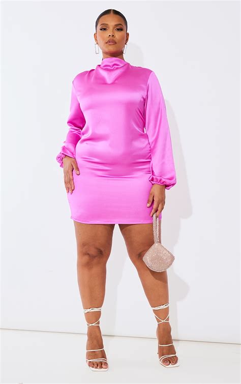 Plus Hot Pink Tie Back Satin Bodycon Dress Plus Size Plt Ire