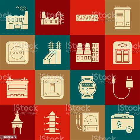 휴대용 발전기 충전기 배터리 팩 전기 확장 코드 원자력 발전소 전기 콘센트 석탄 및 공장 및 발전소 아이콘을 설정합니다 벡터 건축하기에 대한 스톡 벡터 아트 및 기타 이미지