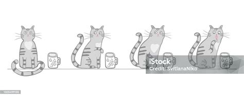 커피 한 잔을 곁들인 귀여운 고양이 벡터 만화 캐릭터 만화 네 고양이는 발로 커피를 시도합니다 어린이 어린이 아기를위한 손으로 그린 그림 직물 섬유 포장을위한 디자인