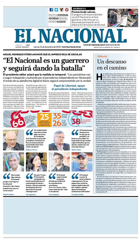 El Nacional Es Un Guerrero Y Seguirá Dando Batalla La última Portada Impresa Del Diario