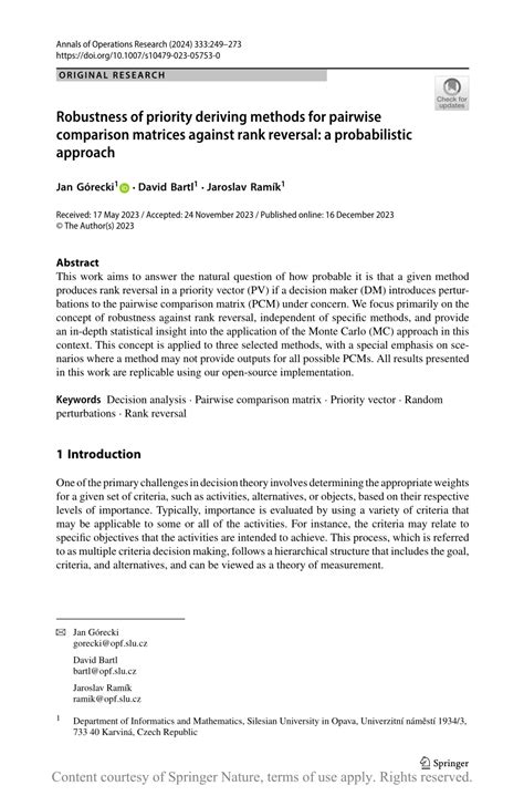 PDF Robustness Of Priority Deriving Methods For Pairwise Comparison Matrices Against Rank