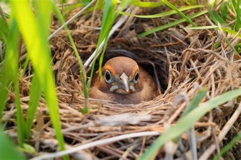 Premium Photo A Sparrow Nesting In A Meadow Bush