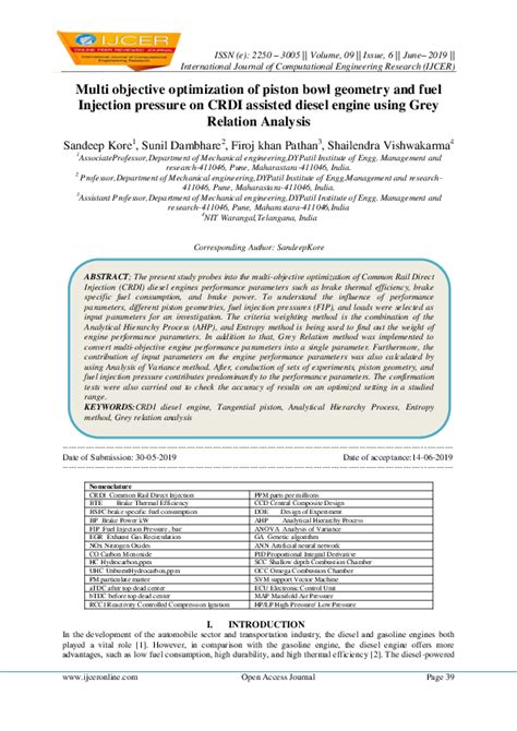 Pdf Multi Objective Optimization Of Piston Bowl Geometry And Fuel Injection Pressure On Crdi