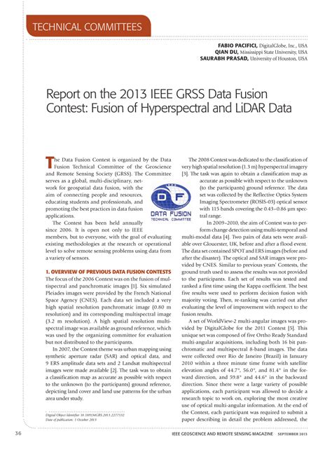 Pdf Report On The 2013 Ieee Grss Data Fusion Contest Fusion Of Hyperspectral And Lidar Data