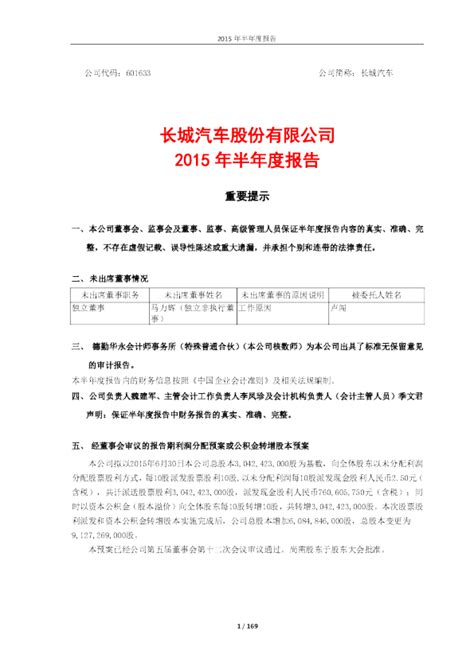 长城汽车：2015年半年度报告