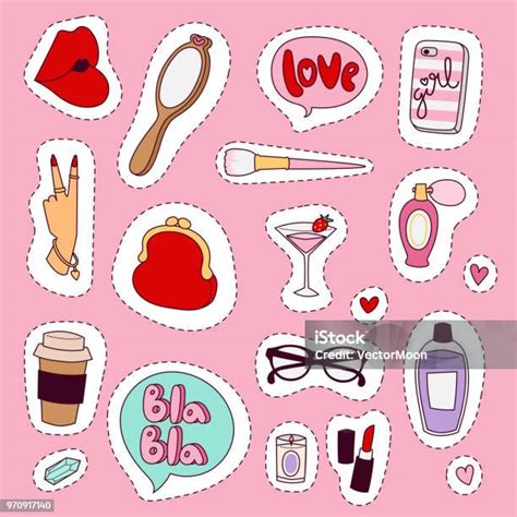 여자 패션 액세서리 여자 캐주얼 스타일 쇼핑 항목 및 아름 다운 화장품 또는 메이크업 도구 벡터 일러스트 레이 션 소녀에 대한