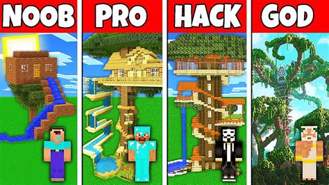 Minecraft Battle NOOB Vs PRO Vs HACKER Vs GOD TREE HOUSE WITH WATER SLIDE BUILD CHALLENGE