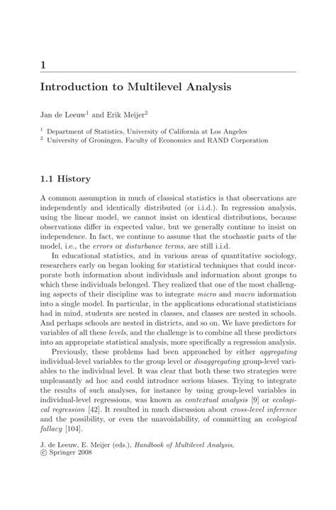 Pdf Handbook Of Multilevel Analysis Foreword By Harvey Goldstein