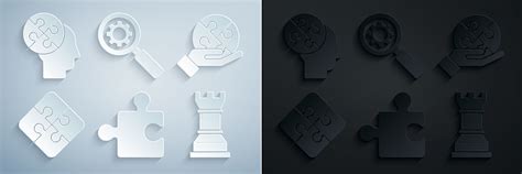 퍼즐 조각을 손에 들고 비즈니스 전략 돋보기 장비 및 인간 머리 퍼즐 아이콘을 설정합니다 벡터 3차원 형태에 대한 스톡 벡터 아트 및 기타 이미지 Istock