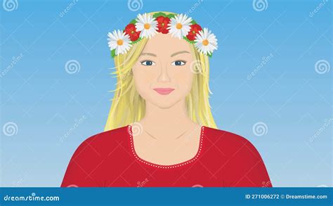 Portrait Of Blond Girl With Sumer Flower In A Wreath Around Her Hair