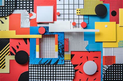 Colorful Abstract Paper Cutouts Composition With Geometric Shapes And Patterns Stock