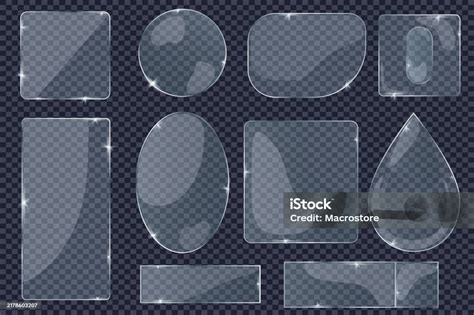 투명 유리 메가 세트 요소는 평면 그래픽 디자인입니다 정사각형 원형 직사각형 및 반사가 있는 빛나는 유리 또는 플라스틱 템플릿의 다른 모양의 수집 개체 벡터 일러스트 레이