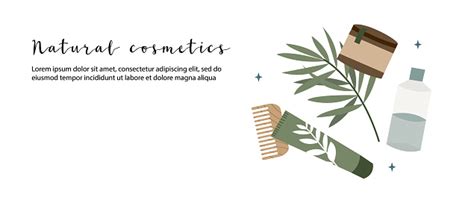 내츄럴 스킨 케어 유기농 잔인 하지 않은 화장품 비건 메이크업 얼굴과 바디 케어를위한 허브 뷰티 제품 벡터 플랫 만화 일러스트레이션 방문 페이지 배너 디자인 웹 사이트에