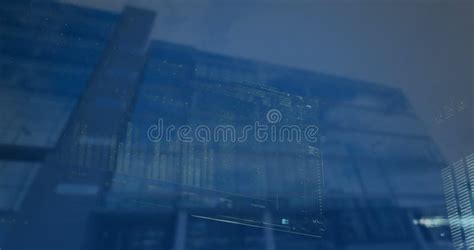 Animation Of Graphs Bars And Computer Language Over Low Angle View Of Modern Building Stock
