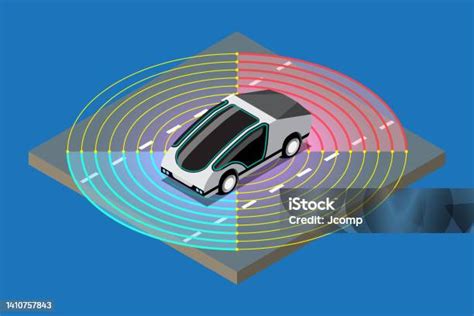 자동차 주변 도로에서 주행하는 자율 스마트 자동차 자동 무선 센서 감지기에 대한 스톡 벡터 아트 및 기타 이미지 감지기