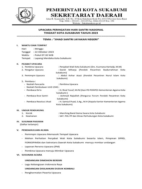 Susunan Acara Upacara Peringatan Hari Santri Nasional Tingkat Kota