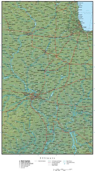 Illinois State Map Plus Terrain With Cities And Roads