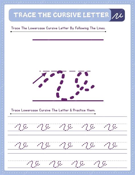 영어 소문자 필기체 추적 필기 워크시트 및 화살표 방향 알파벳 V 프리미엄 벡터