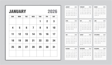 Calendario 2026 Año Diseño Negro Plantilla De Calendario Mensual Para