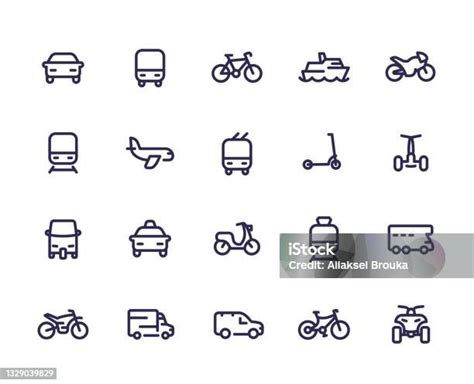 교통 라인 아이콘 세트 자동차 기차 비행기 밴 자전거 오토바이 버스 택시 툭툭 쿼드 바이크 지하철 대중 교통 4륜 오토바이에