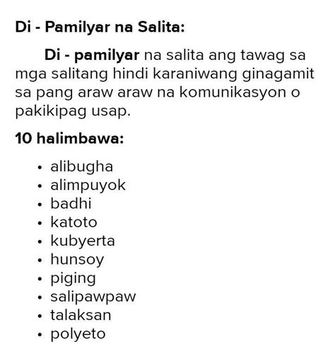 Mga Halimbawa Ng Pamilyar Na Salita At Ang Kahulugan Nito Bilarasa