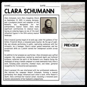 Womens History Month Clara Schumann Biography Reading Comprehension