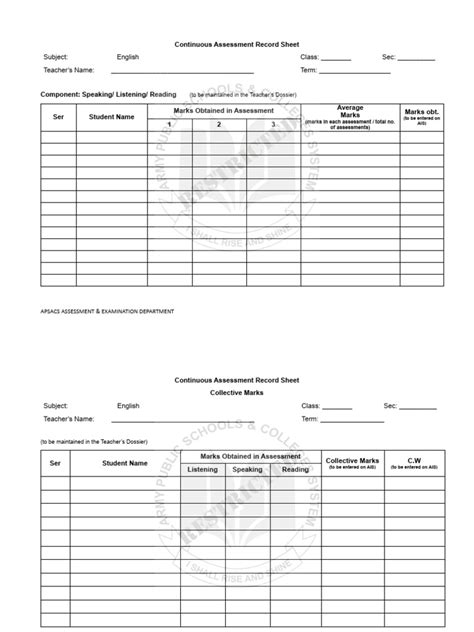 Continuous Assessment Record Sheet Pdf