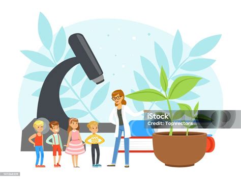 현미경 벡터 일러스트레이션으로 화분에 식물을 조사하는 식물학 수업을 가진 여성 교사가있는 어린 아이들 개발에 대한 스톡 벡터 아트 및 기타 이미지 Istock