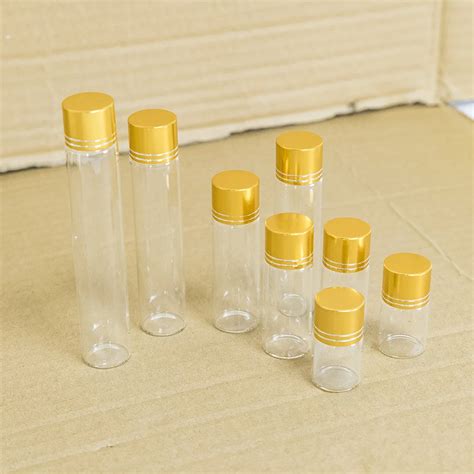 미니 투명 유리 병 5ml 6ml 8ml 10ml 12ml 20ml 15ml 25ml 30ml 금 나사 플라스틱 Pe 캡 병 12 개 Aliexpress
