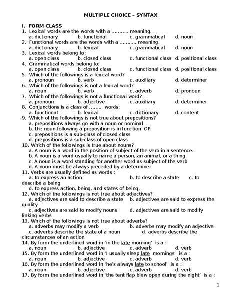Multiple Choice Syntax Multiple Choice Syntax I Form Class Lexical Words Are The Words With
