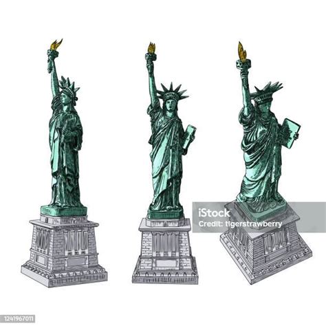 자유의 미국 동상 색상에 도면을 설정합니다 미국 뉴욕시 유명한 관광 랜드 마크입니다 포스터 또는 전단지 조각 그림 요소 프리젠 테이션을위한 미국 기호의 손으로 그린 로고
