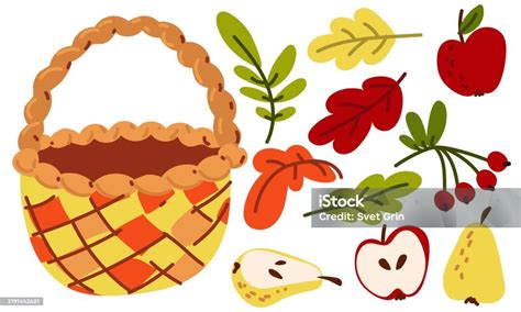 분석에서 단풍 열매 과일이 있는 가을 고리 버들 세공 바구니 흰색 배경에 있는 개별 요소 집합입니다 가을 날씨의 벡터 평면 그림입니다 스티커 엽서 회수 0명에 대한 스톡