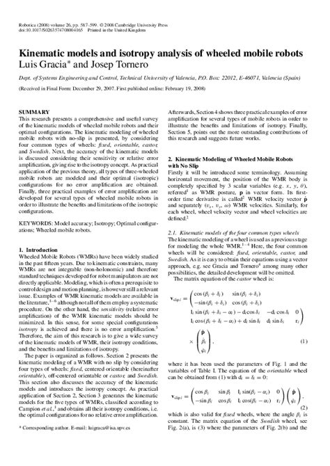 Pdf Kinematic Models And Isotropy Analysis Of Wheeled Mobile Robots