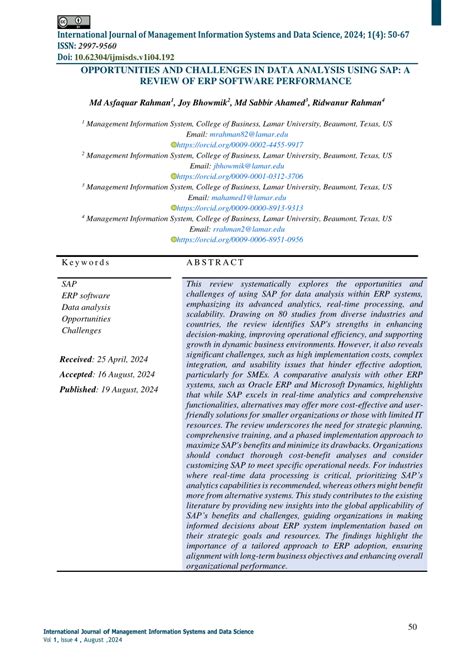 PDF OPPORTUNITIES AND CHALLENGES IN DATA ANALYSIS USING SAP A REVIEW OF ERP SOFTWARE PERFORMANCE