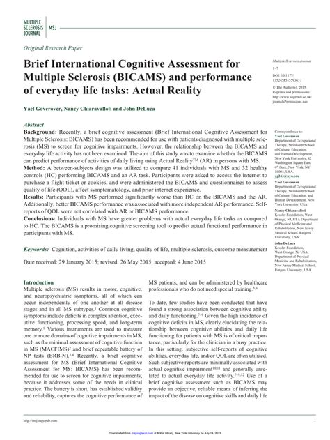 Pdf Brief International Cognitive Assessment For Multiple Sclerosis Bicams And Performance