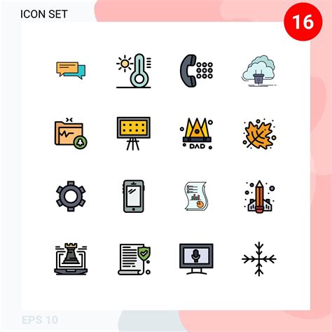 Group Of 16 Flat Color Filled Lines Signs And Symbols For Network Connection Sun Cloud Dial