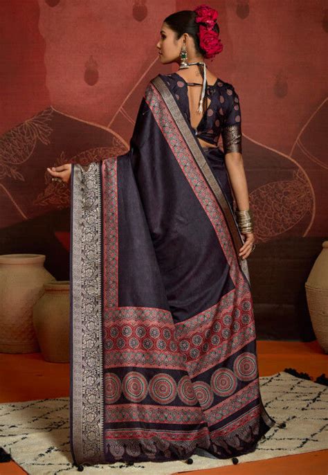 Buy Digital Printed Art Silk Saree In Black Online Sej1408 Utsav