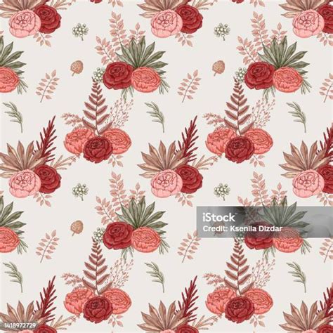 장미와 빈티지 이음새가 없는 패턴 보호 벽지 디자인 손으로 그린 벡터 일러스트 레이 션 꽃무늬에 대한 스톡 벡터 아트 및 기타 이미지 꽃무늬 테라코타 드로잉 Istock