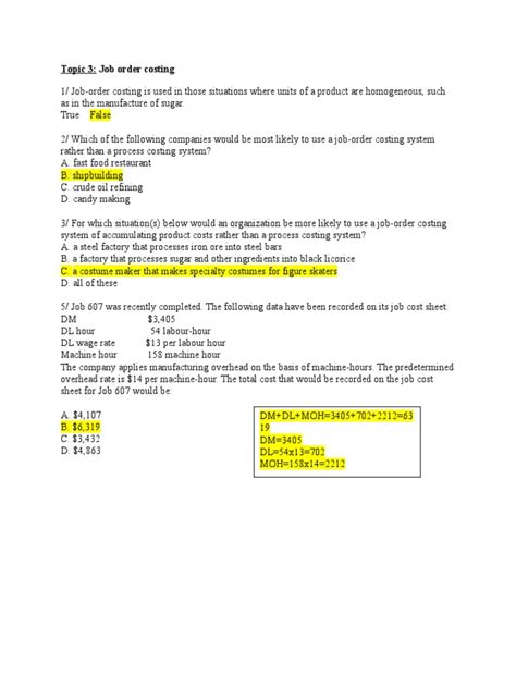 Topic 3 Job Order Costing Exercises Pdf Cost Business