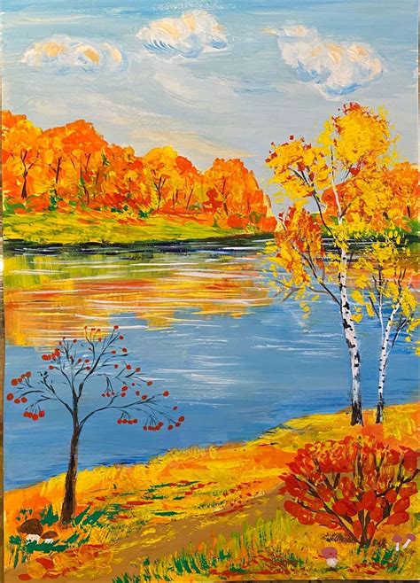 Acrylic Painting Of Autumn Trees By The Water