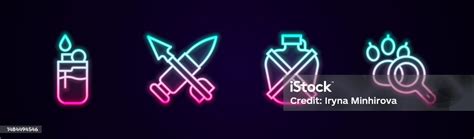 라인 라이터 화살표가 있는 교차 총알 매점 물병 및 발 검색을 설정합니다 빛나는 네온 아이콘입니다 벡터 검색에 대한 스톡 벡터 아트 및 기타 이미지 Istock