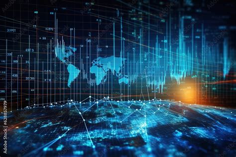 Economy Background With Abstract Stock Market Graph Tickers Financial Data And Blue World Map