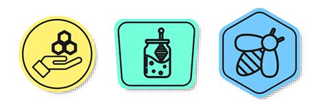 세트 라인 허니콤과 손 꿀과 꿀 디퍼 스틱과 꿀벌의 항아리 컬러 셰이프입니다 벡터 건강한 식생활에 대한 스톡 벡터 아트 및 기타