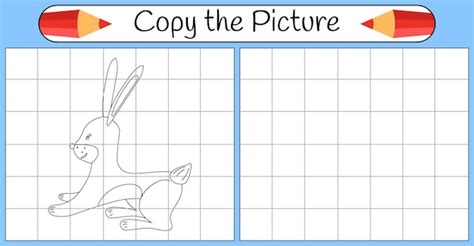 토끼를 그리는 방법 단계별로 그리드 학습 그리기 그리기 튜토리얼 아이들을 위한 수업 책 색칠 페이지 어린이 교육 예술 페이지 벡터 그림 프리미엄 벡터