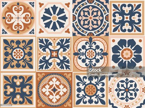 포르투갈 바닥 세라믹 타일 아줄레호 디자인 지중해 패턴 중세에 대한 스톡 벡터 아트 및 기타 이미지 중세 패턴 꽃 식물