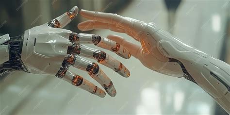 Futuristic Interaction Between Human And Robot Hands Premium Ai Generated Image