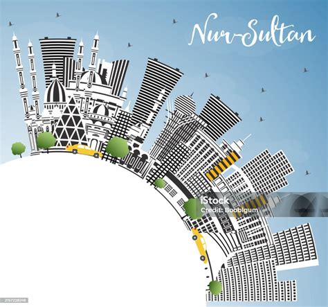 누르 술탄 카자흐스탄 도시 스카이 라인 컬러 건물 푸른 하늘 및 복사 공간 랜드마크가 있는 누르술탄 도시 풍경 현대 건축의 개념 0명에 대한 스톡 벡터 아트 및 기타 이미지