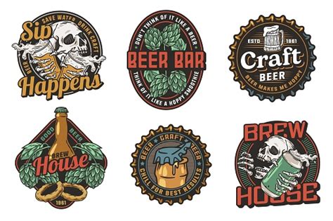 맥주 캡 캔 홉 스켈레톤 및 병이 있는 양조 엠블럼 또는 수제 맥주 로고의 맥주 세트 두개골 맥주 유리 및 바 펍 또는 양조장 상점을 위한 보리가 있는 라벨 또는 인쇄