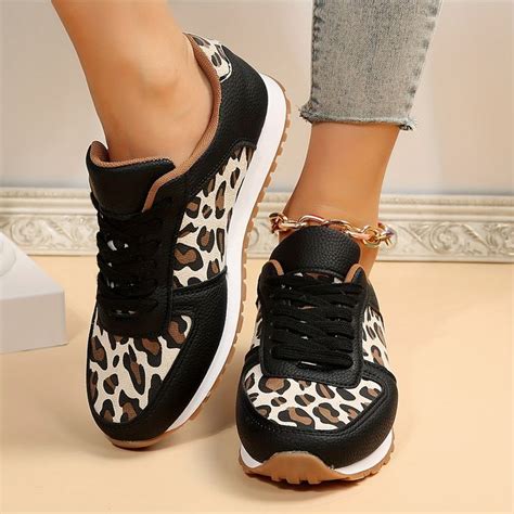 Temu｜womens Leopard Print Sneakers Lace Up Low Top Casual Flat Shoes